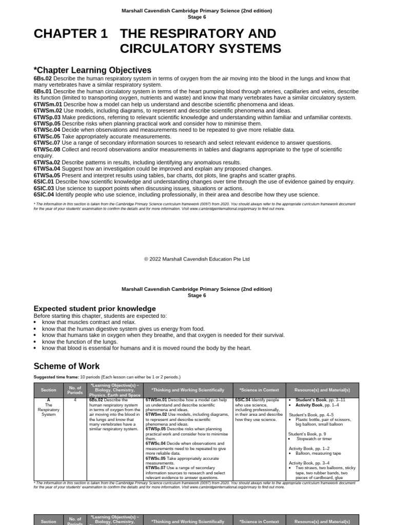 MCE Cambridge Primary Science 2E Stage6 SOW and LP C01 | PDF | Lung | Respiratory System