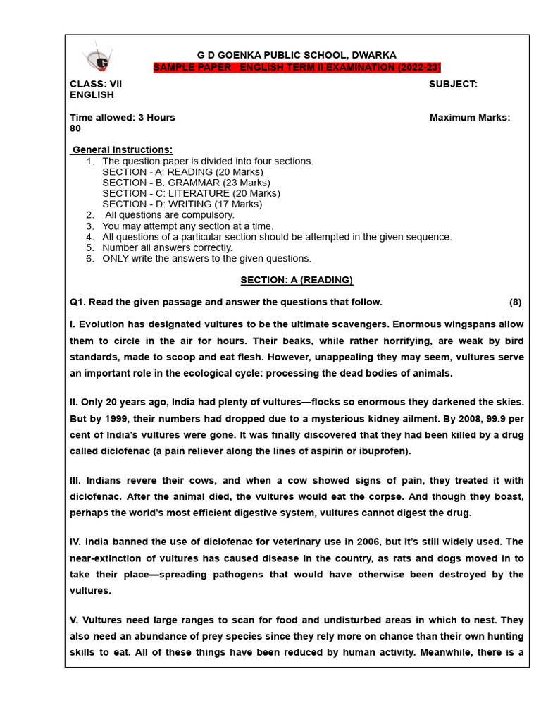 Sample Paper English Grade Vii Term Ii Paper | PDF
