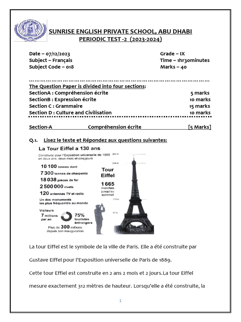 Test de Français - 9ème Année | PDF | Langues d'Asie