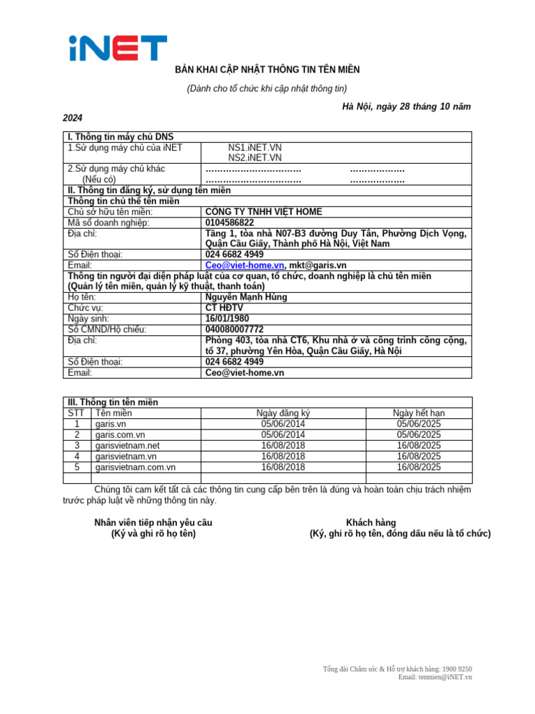 Ban Khai CAP NHAT Thong Tin TEN MIEN VIET NAM Doi Voi Cong Ty | PDF