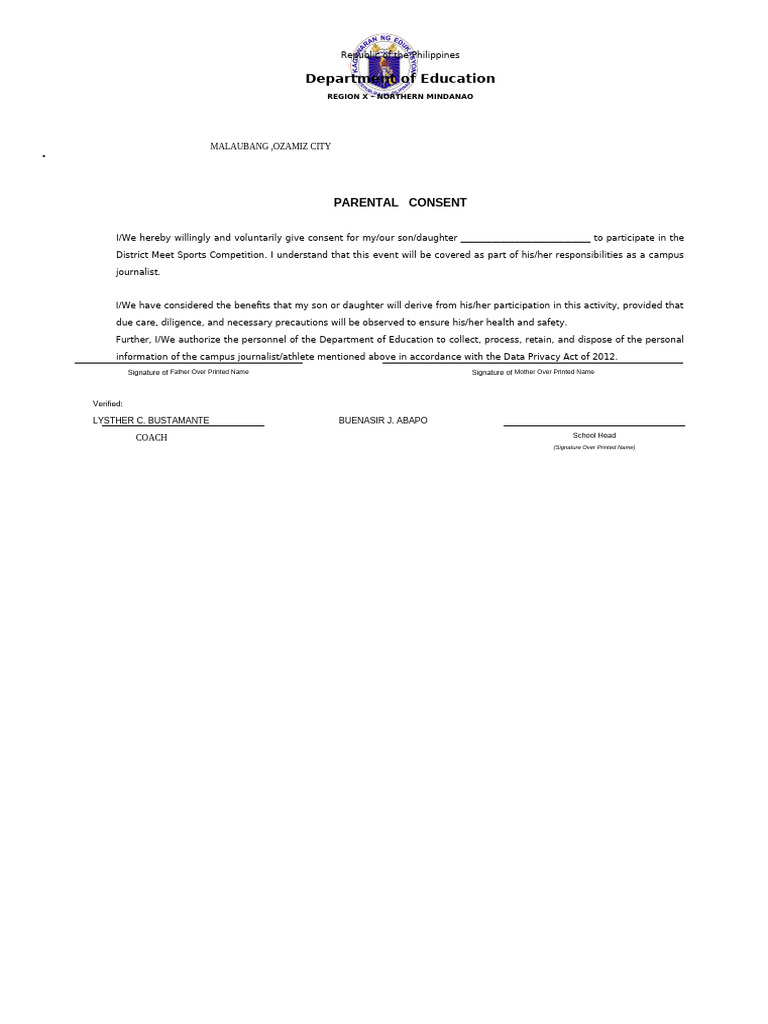 2020 Parents Consent Revised 2 Ozamiz | PDF