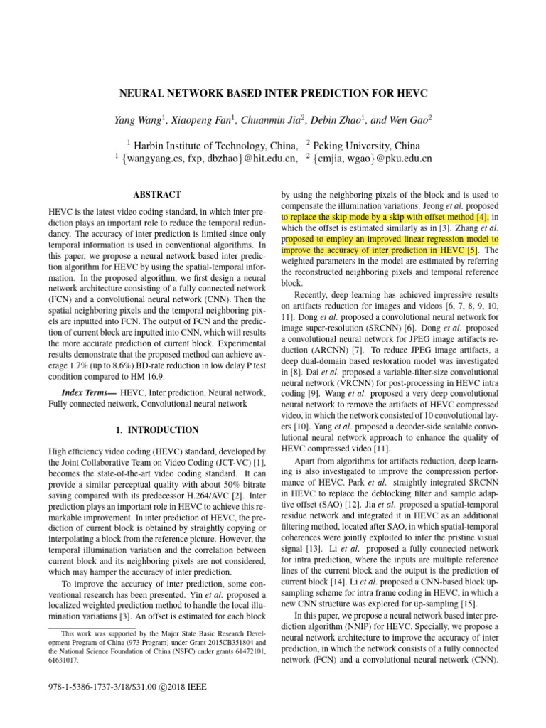 Neural Network Based Inter Prediction For Hevc Pdf Artificial Neural Network Data Compression