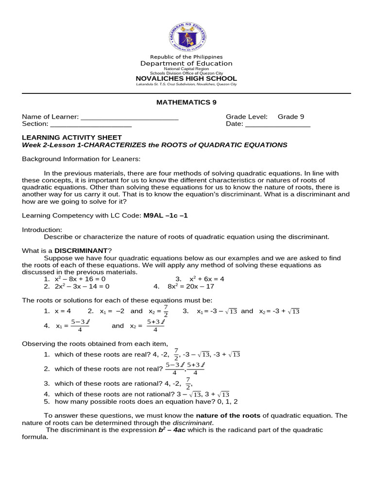Week-2-Math-9-2-Lessons-on-Roots-of-Quadratic-Equations | PDF | Mathematical Analysis | Equations