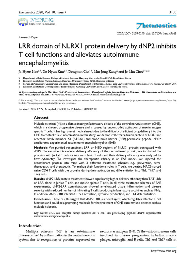 LRR Domain of NLRX1 Protein Delivery by DNP2 Inhibits T Cell Functions | PDF | T Cell | Multiple ...