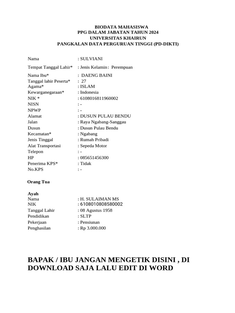 Format Biodata PDDIKTI PPG | PDF