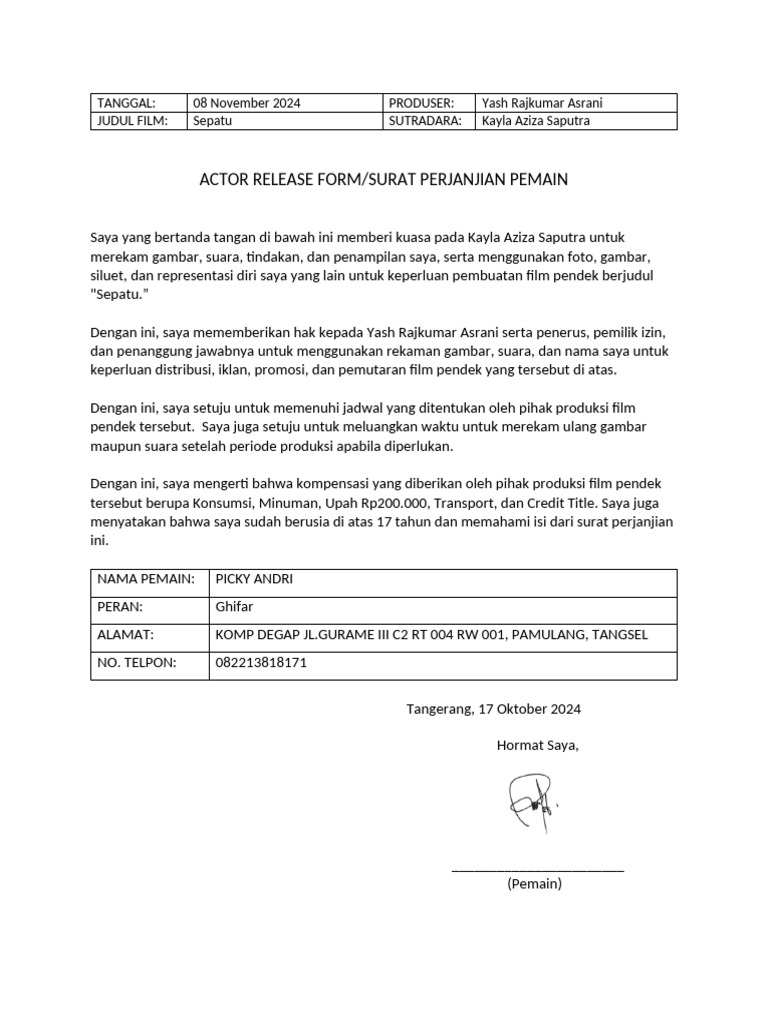 Actor Release Form (ARF) Sepatu[1] | PDF