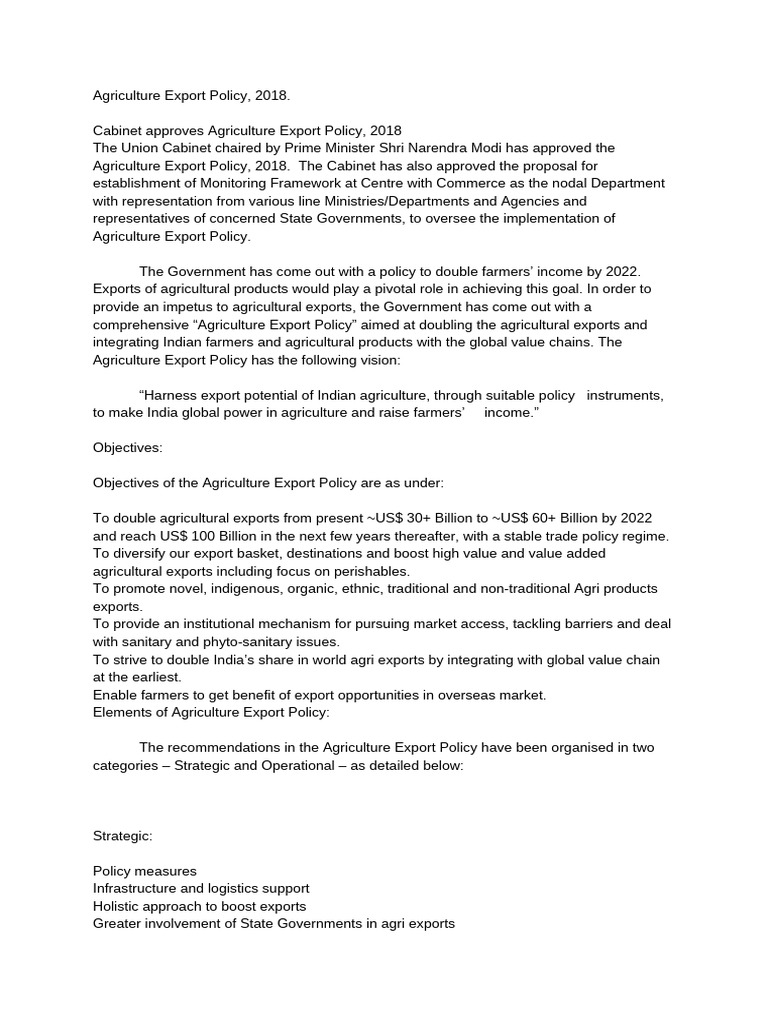 Notes On Agriculture Export Policy, 2018 | PDF | Policy | Exports