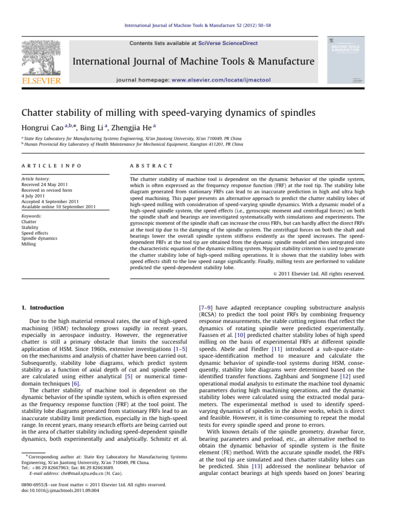 Chatter stability of milling with speed-varying dynamics of spindles | PDF | Force | Gyroscope