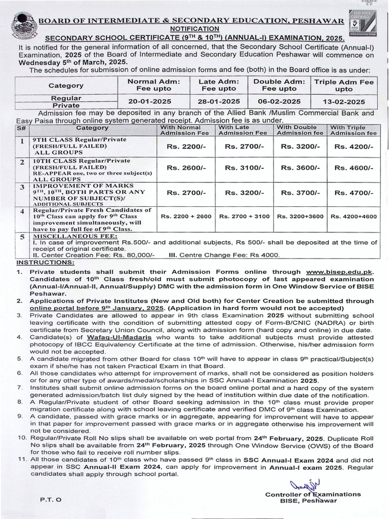 SSC Exam Notification 2025 Peshawar | PDF