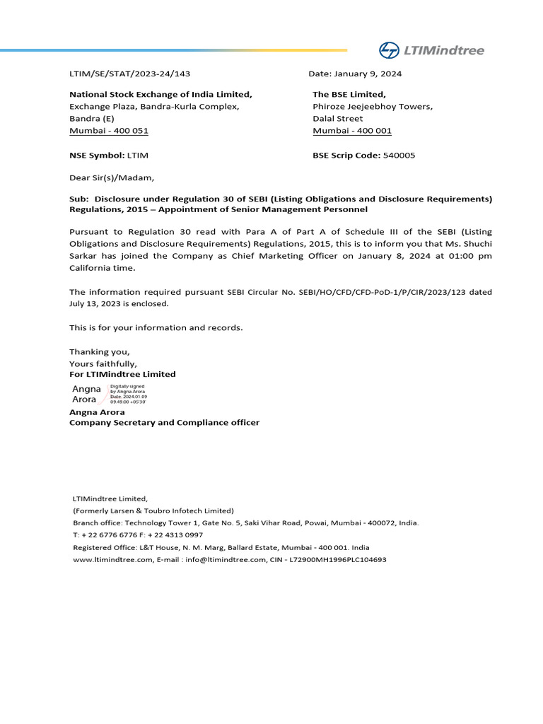 LTIM 09012024100026 IntimationofappointmentofCMO | PDF | Companies ...