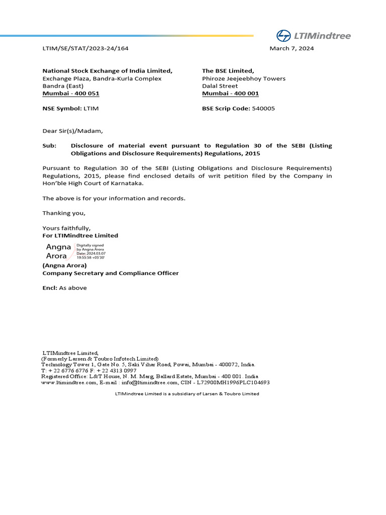 LTIM 07032024200211 WritIntimationtostockexchangesSec83signed | PDF
