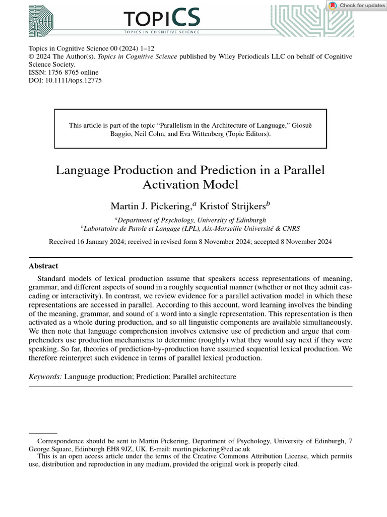 Topics in Cognitive Science - 2024 - Pickering - Language Production ...