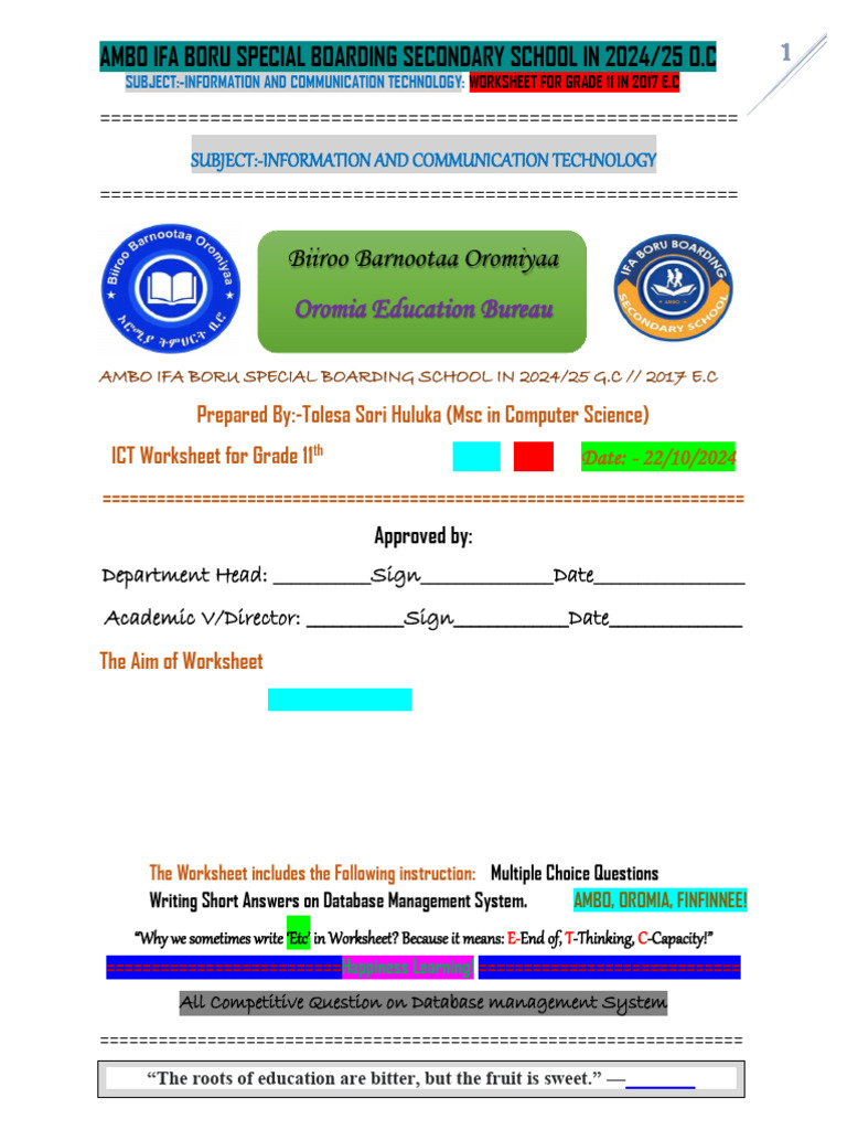 ICT Worksheet for Grade 11 @Ambo Ifa Boru Special Boarding School in ...