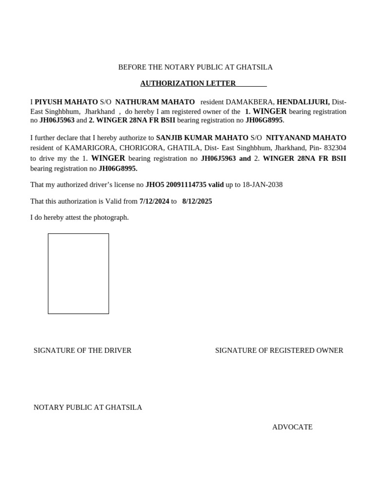 Authorization Letter (Shantanu Roy) New 2 Vehicle Together | PDF