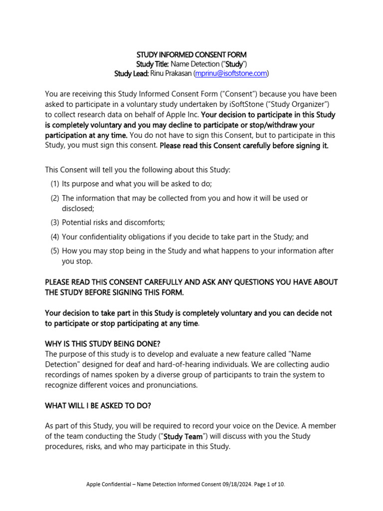 Apple Name Detection Study Consent Form | PDF | Informed Consent | Consent