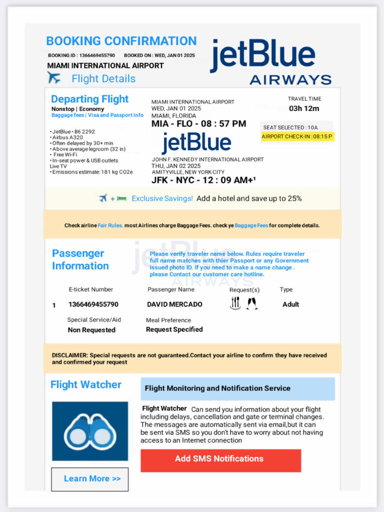 JetBlue Airways Itinerary | PDF