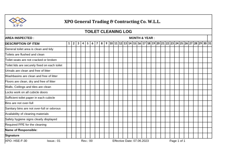 30. Toilet Cleaning Log | PDF
