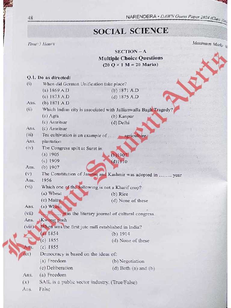 10th Class Guess Paper Social Science 2024 Compressed 1 | PDF