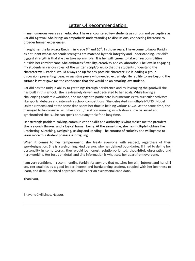 Letter Of Recommendation 2 | PDF | Behavior Modification | Learning