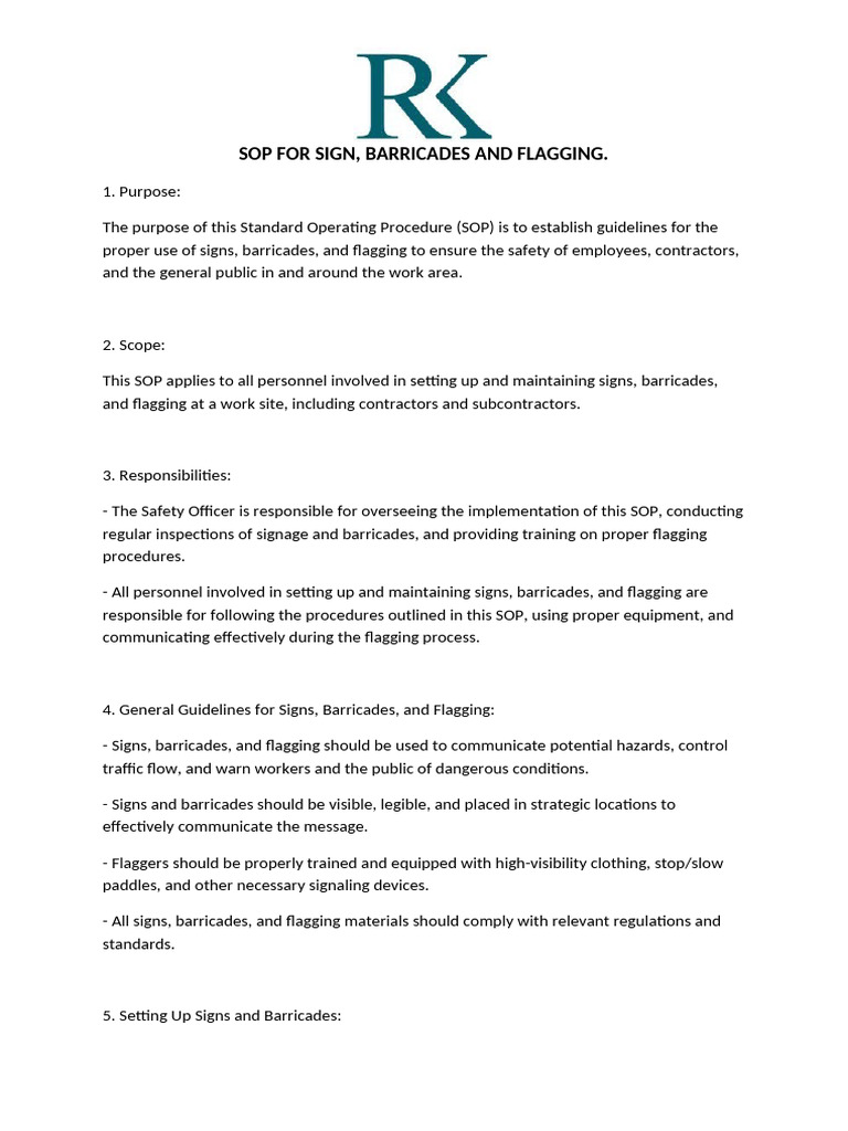 SOP for Signs, Barricades, and Flagging | PDF | Traffic | Occupational ...
