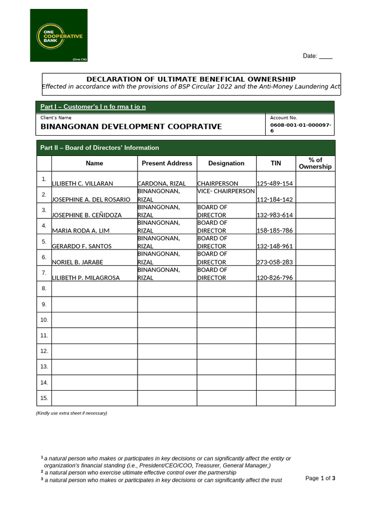 Declaration of Ultimate Beneficial Ownership | PDF | Privacy | Board Of ...