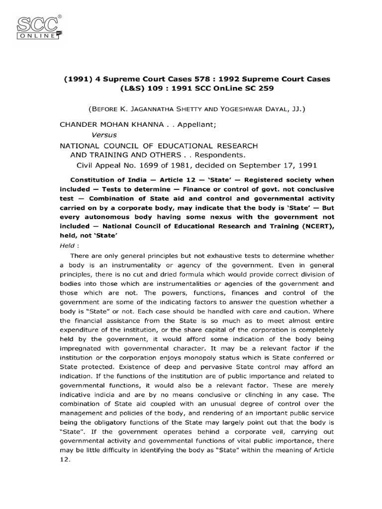Chander Mohan Khanna vs. NCERT | PDF | National Supreme Courts ...