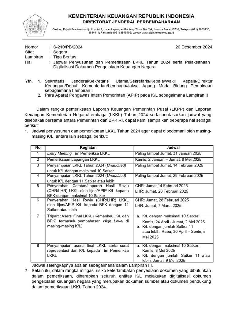 S-210 - 2024 - Jadwal Penyusunan Dan Pemeriksaan LKKL Tahun 2024 Serta Pelaksanaan Digitalisasi ...