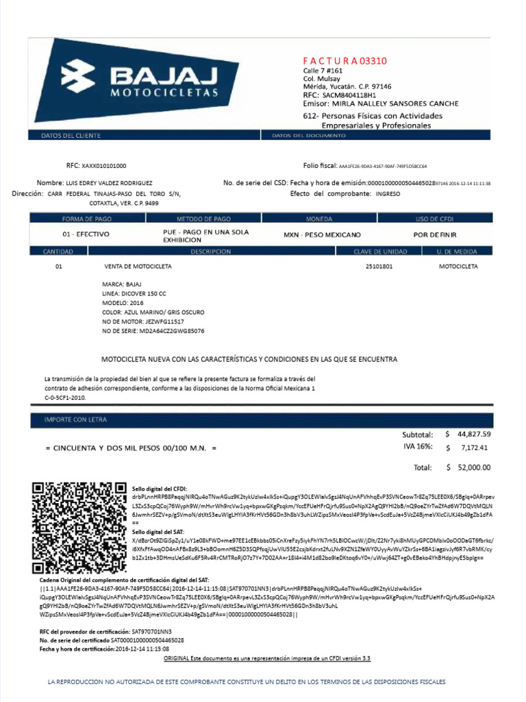 Factura Bajaj Discover | PDF | Vehículo de motor