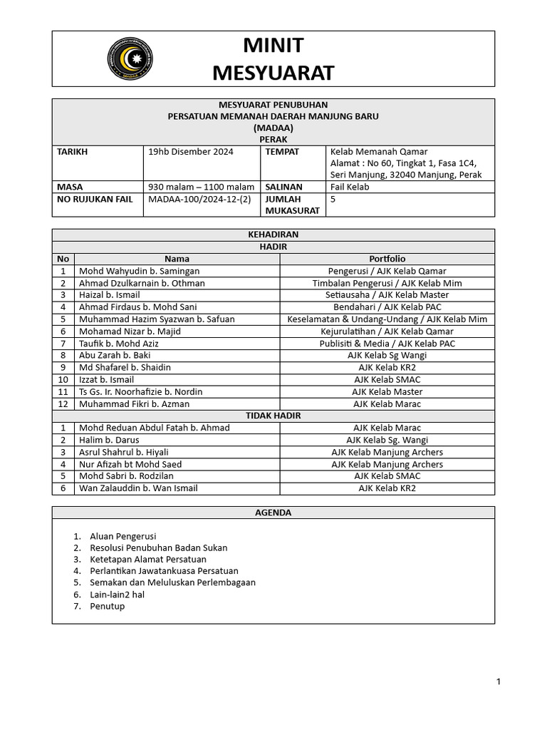 Minit Mesyuarat Penubuhan MADAA 19hb Disember 2024 | PDF