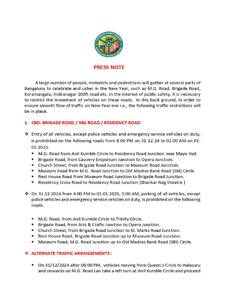 Bengaluru Traffic Police - Press Note 31 Dec 2024 | PDF