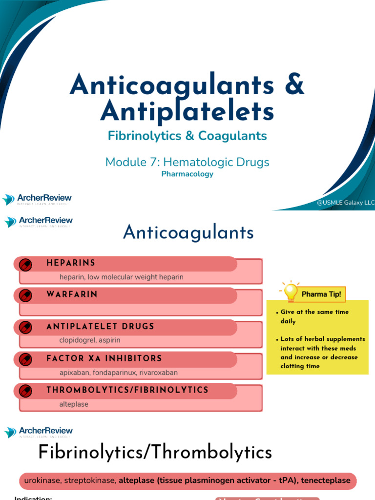 Anticoagulants and Fibrinolytics Overview | PDF | Coagulation | Thrombus