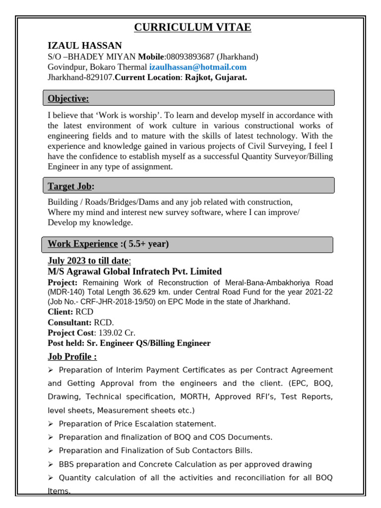 QS Engineer Izaul Hassan 1 | PDF | Engineering