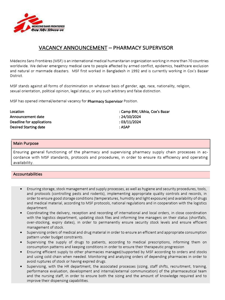 MSF OCP - Vacancy Announcement - Pharmacy Supervisor | PDF | Médecins ...