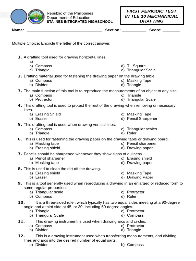 TLE 10 MECHANICAL DRAFTING 1st PERIODICAL EXAMINATION 2024 - 2025 | PDF ...