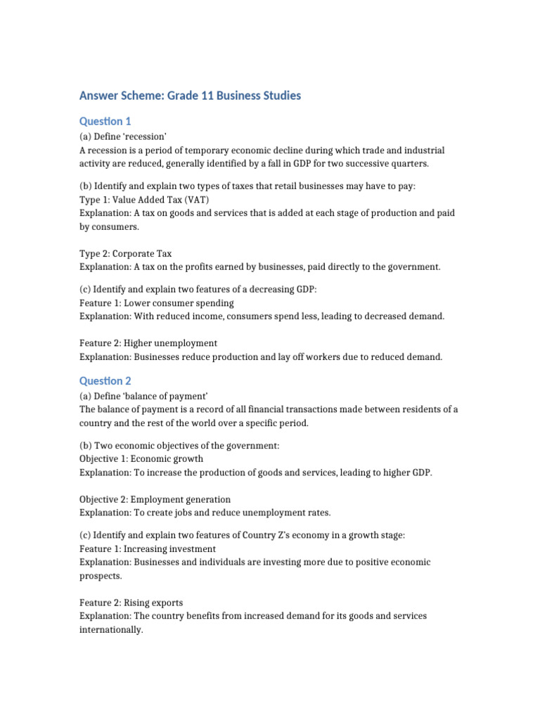 Grade 11 Business Studies Answer Scheme | PDF | Taxes | Recession