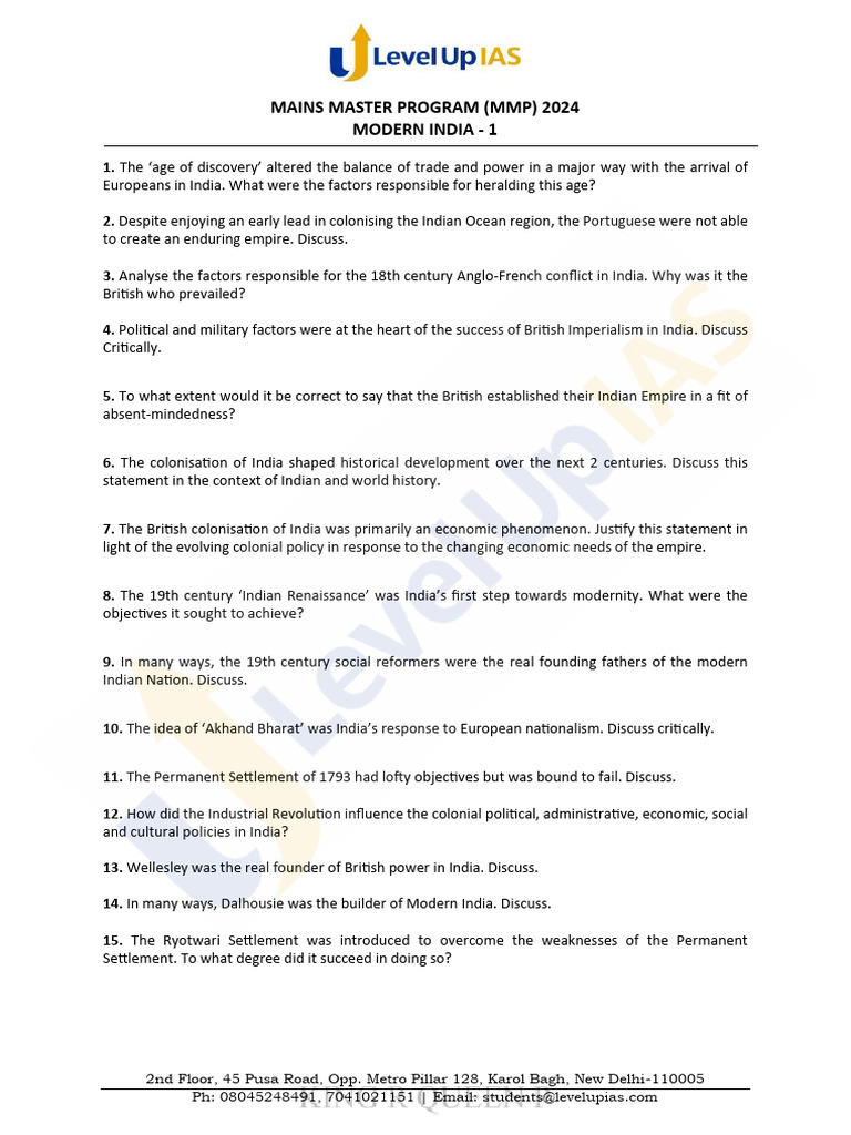 Modernhistory Mmp2024 Levelup King R Queen P | PDF | British Empire | British Raj