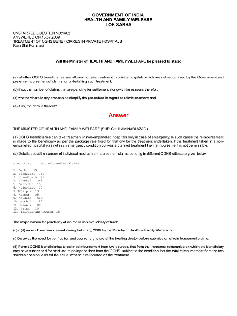 CGHS Non Empanelled | PDF