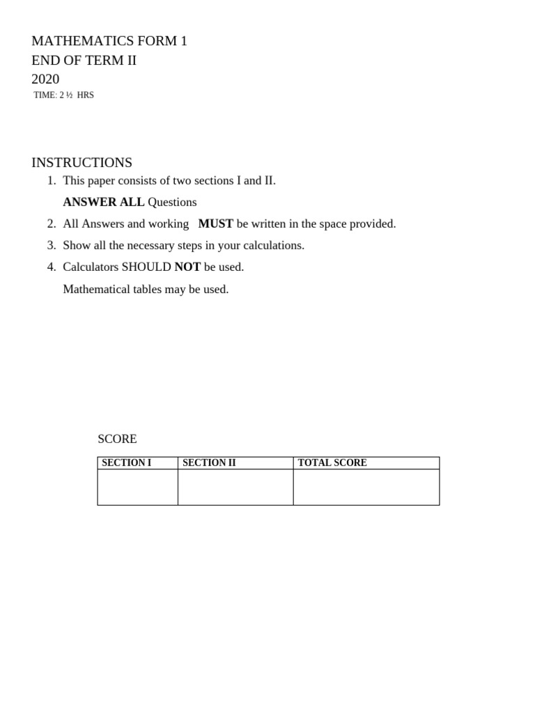 Maths Form 1 End of Term 2 QP 2020 | PDF | Volume | Area