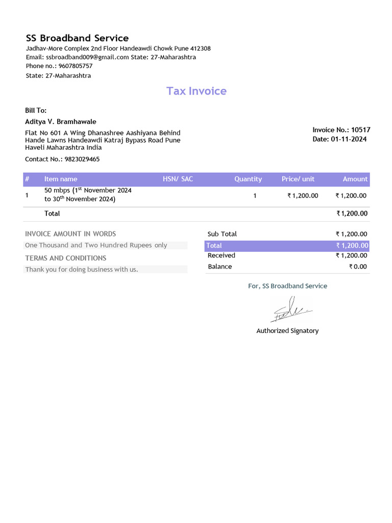SS Broadband Invoice - Nov 2024 | PDF
