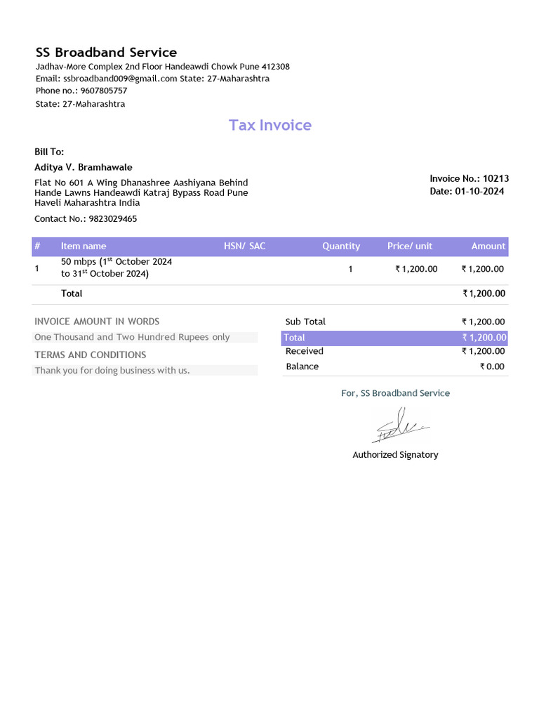 BroadBand Bill October-2024 | PDF