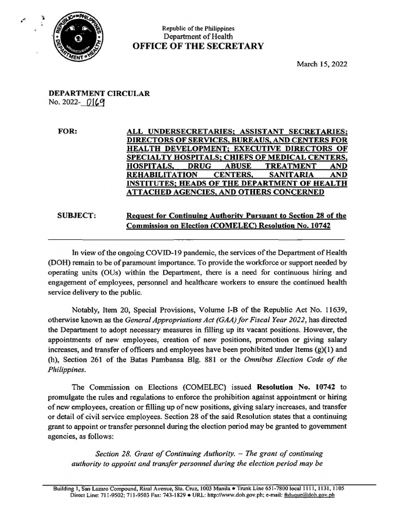 DC 2022-0169.REQUEST FOR CONTINUING AUTHORITY PURSUANT TO SECTION 28 OF ...