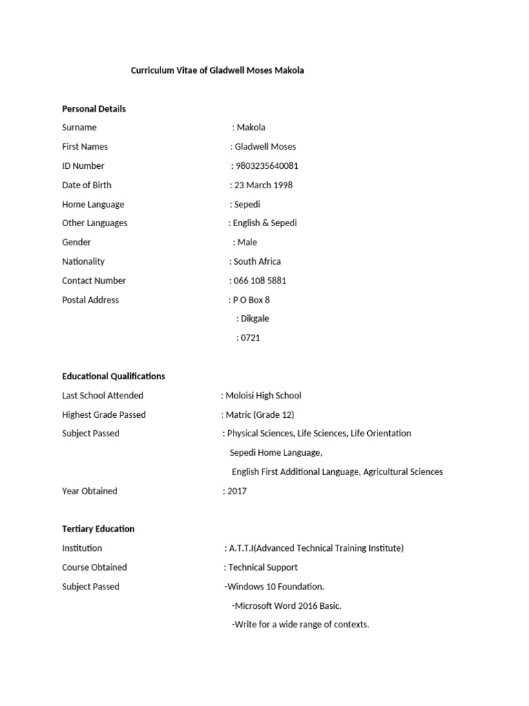 Curriculum Vitae: Gladwell Makola | PDF | Technical Support | Curriculum