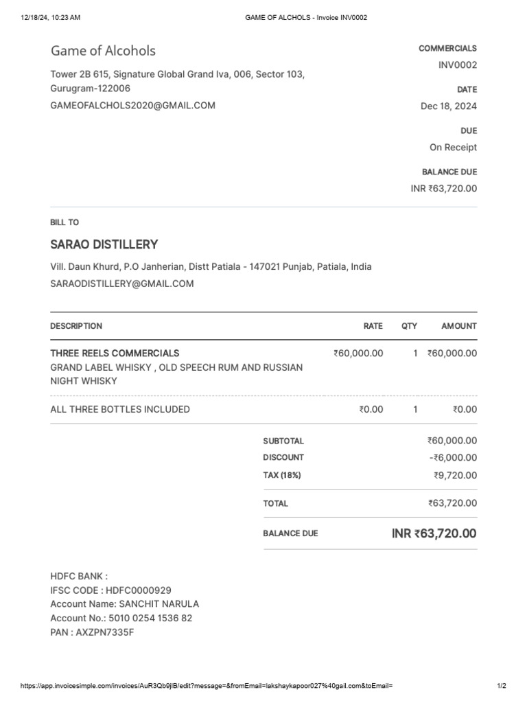 Invoice for Game of Alcohols Purchase | PDF | Alcoholic Drinks | Whisky
