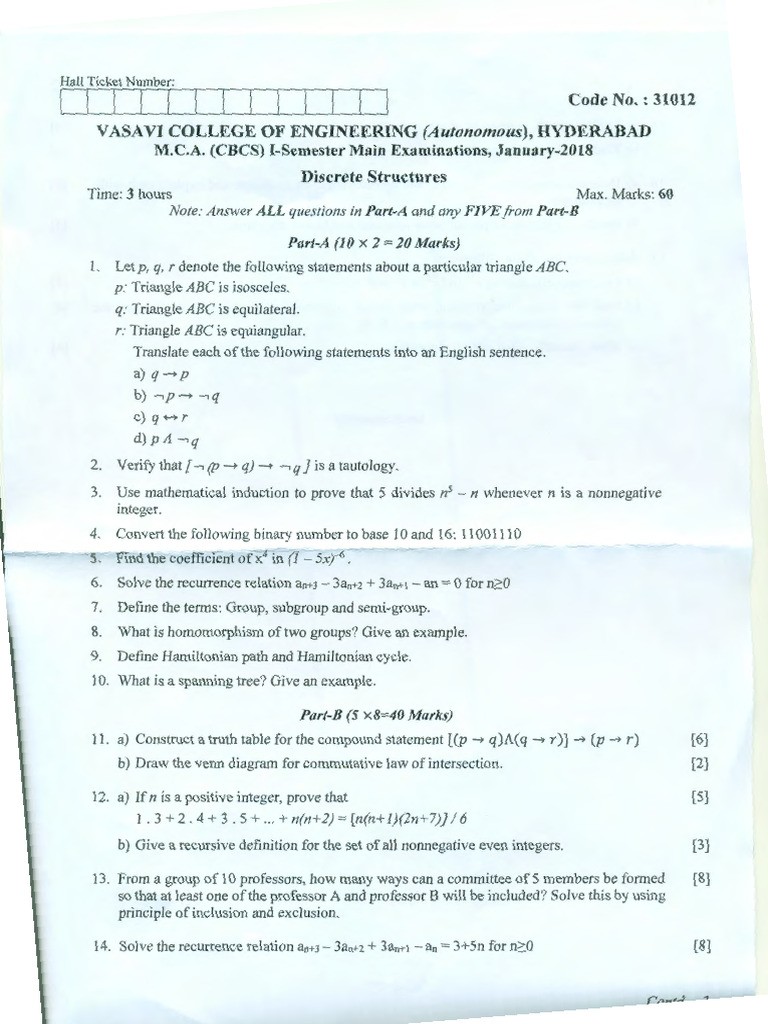 Discrete Structures MCA CBCS 1-SEM | PDF | Recurrence Relation | Abstract Algebra