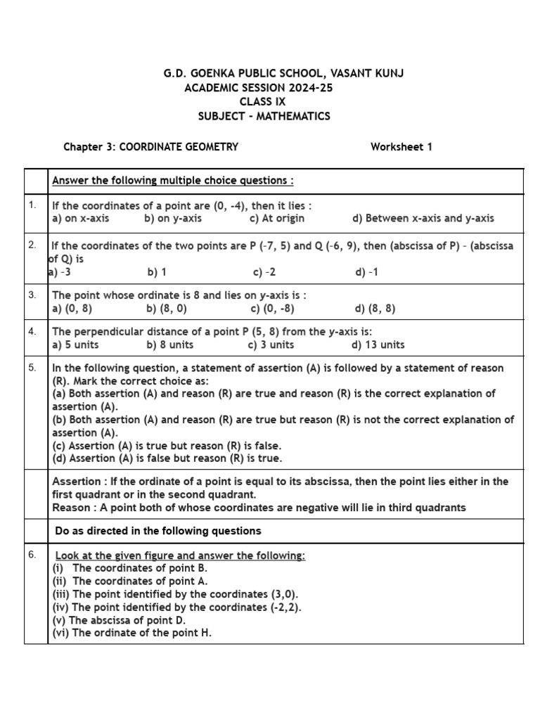 Class 9-Coordinate Geometry -Worksheet 1 (2024-25) | PDF | Cartesian ...
