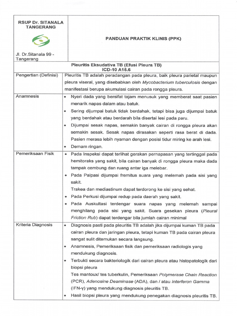Pleuritis Eksudativa TB, Efusi Pleura TB (A15.6) | PDF