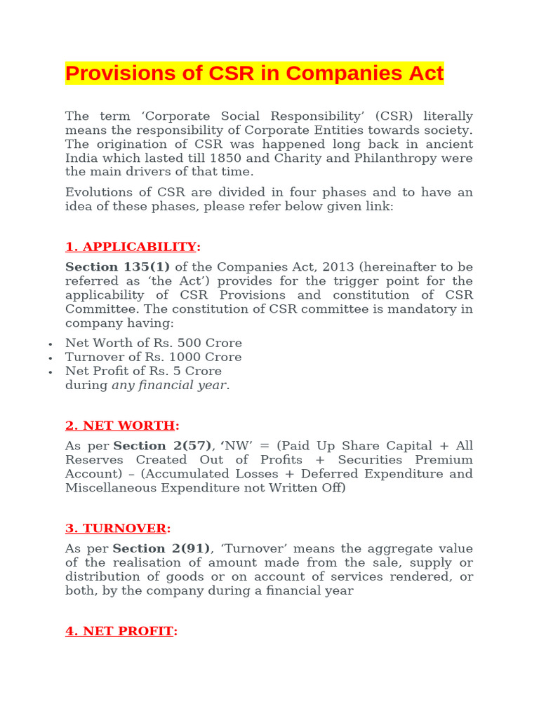 CSR Provisions in Companies Act 2013 | PDF | Corporate Social ...
