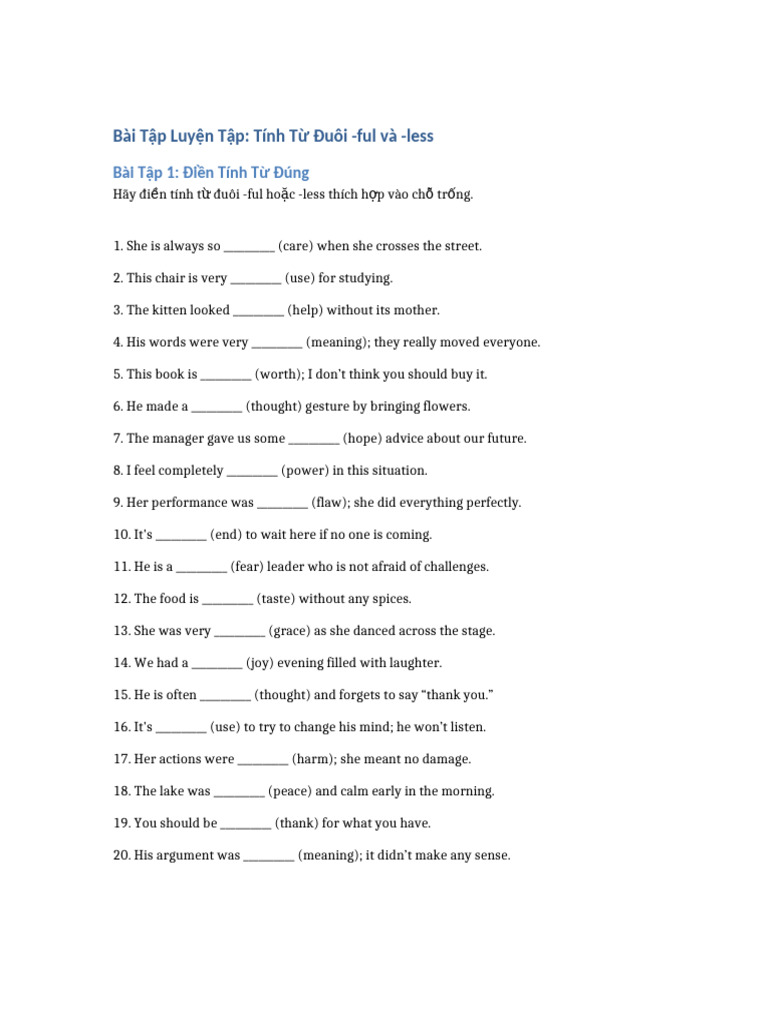 Bài Tập Tính Từ Đuôi -ful và -less | PDF