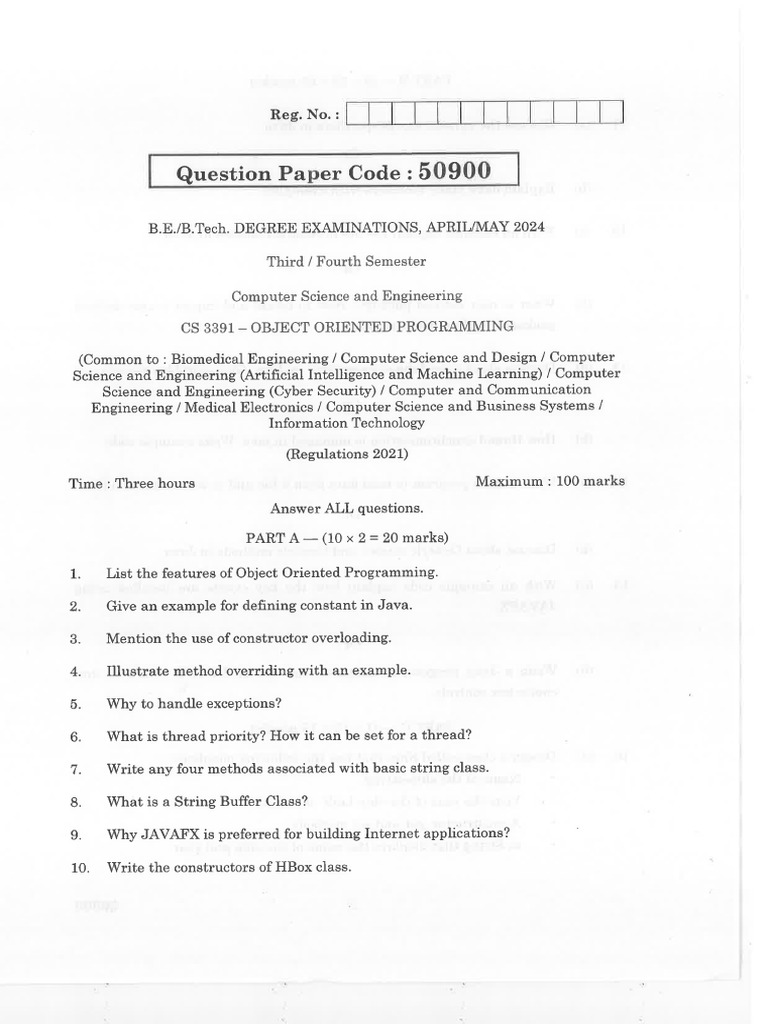 Object Oriented Programming - CS3391 2021 Regulation - Question Paper ...