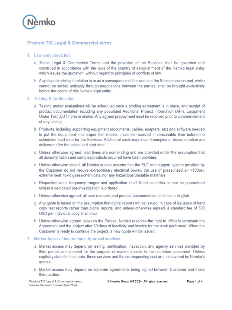 Product TIC Legal and Commercial Terms April 2024 | PDF | Legal ...